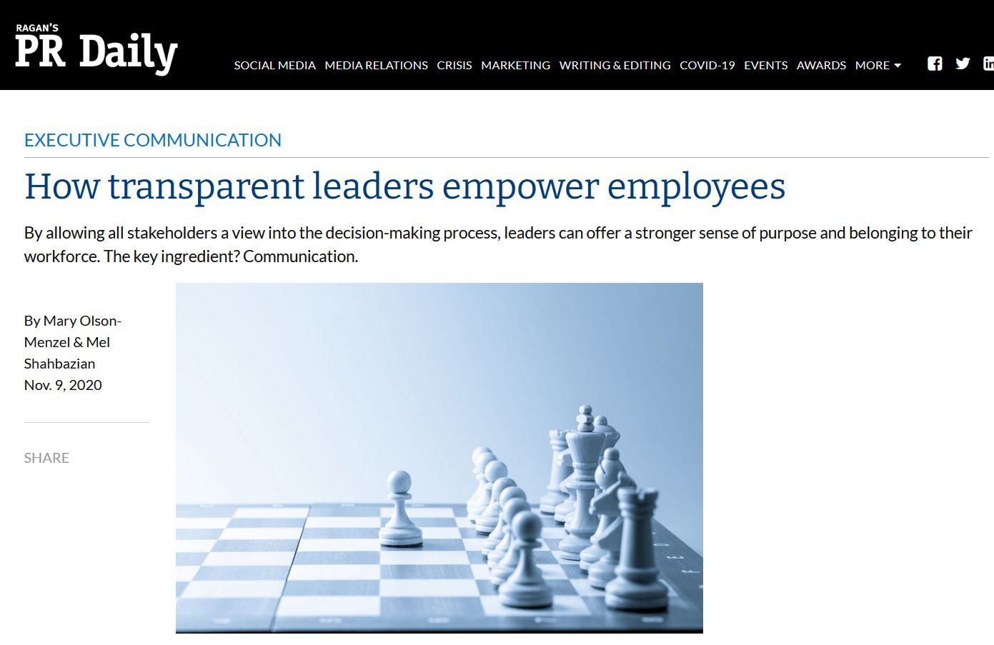 "How transparent leaders empower employees" on Ragan's PR Daily